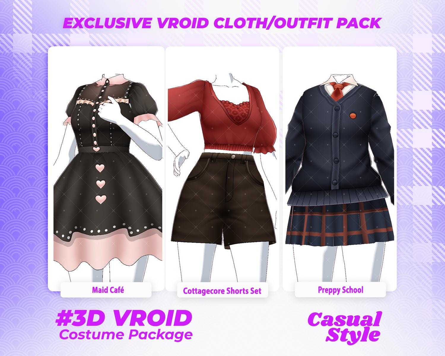 3-in-1 Vroid Outfit Pack: Maid Cafe, Cottagecore, School Uniform ...