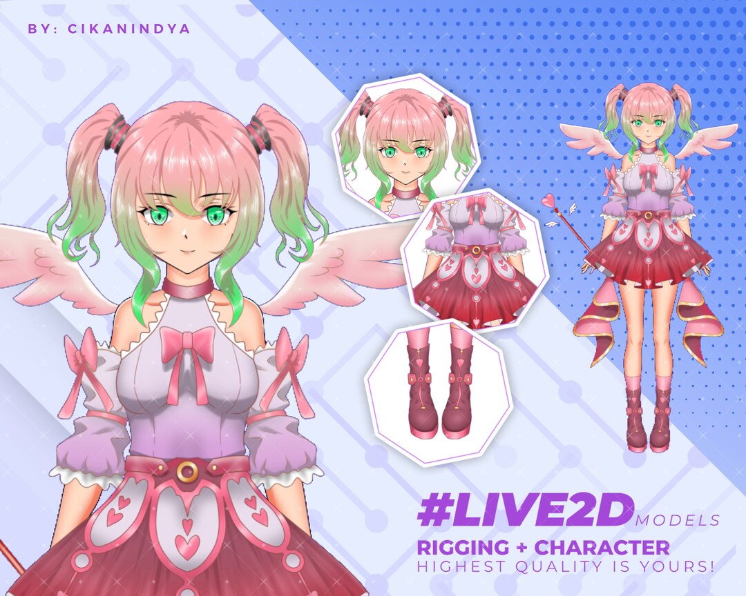 Vtuber Live2d | Vtuber Model Green & Pink Haired Fairy | 7 Expressions | Walk Motion Variations ...