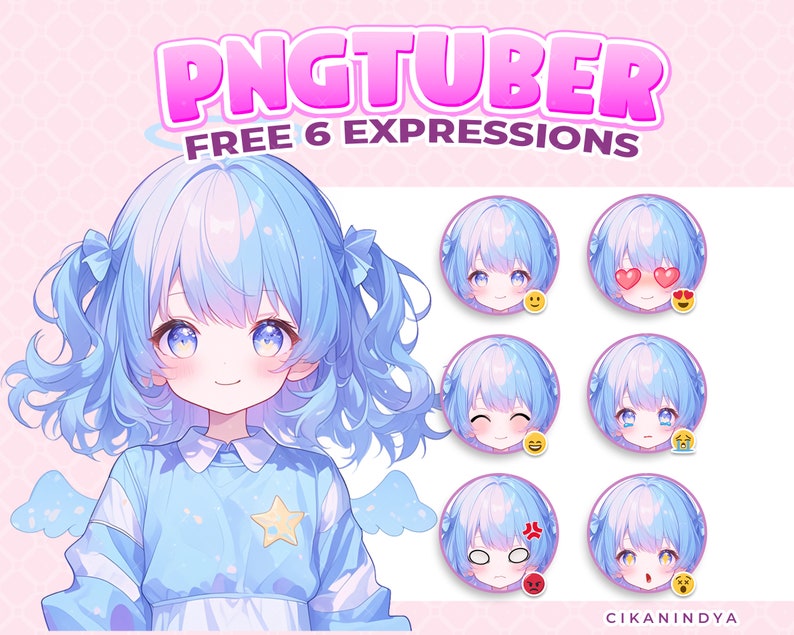 Avatar de ángel tuber PNG: VTuber de pelo azul con halo (6 poses) - Etsy España