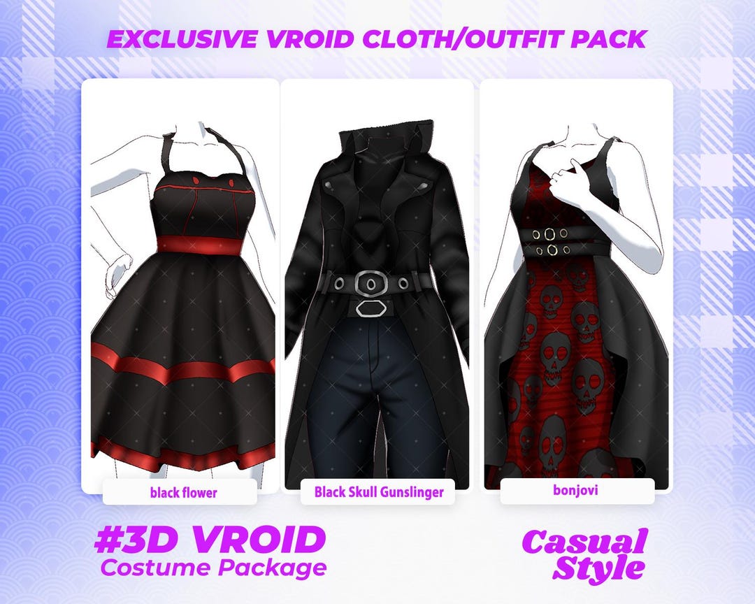 Vroid Gothic Outfit Pack: Flower Dress, Gunslinger Coat, Skull Dress ...
