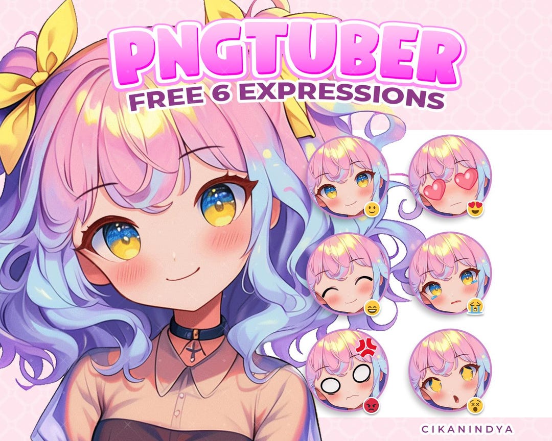 Premade Chibi PNG Tuber Avatar With Rainbow Curls and Yellow Bows ...