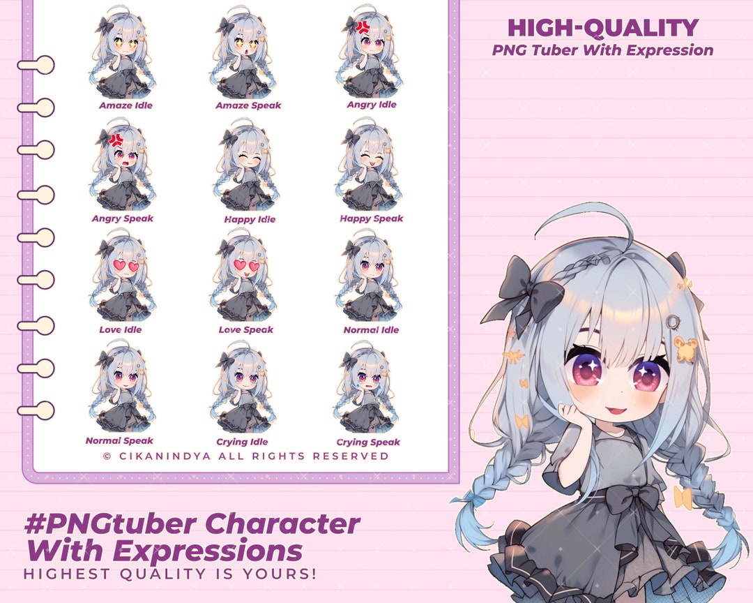 PNG Tuber | Kawaii Streamer Avatar With Chibi Girl Braid Gray PNG for ...