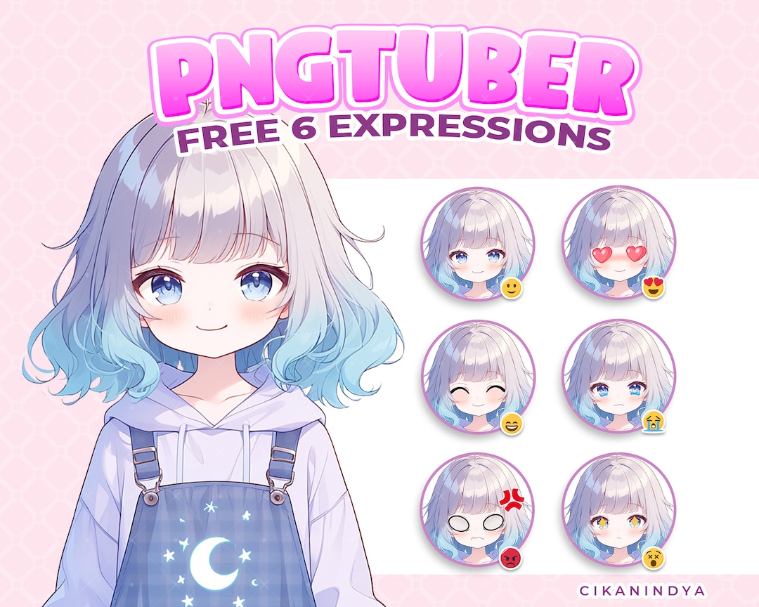 PNG Tuber | Adorable Chibi Girl With Blue Ombre Hair and Moon Overalls ...