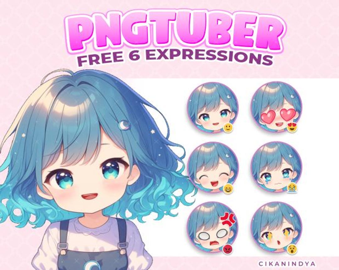 Chibi PNG Tuber Avatar: Blue Ombre Hair, Moon Accessory, 6 Expressions - Etsy