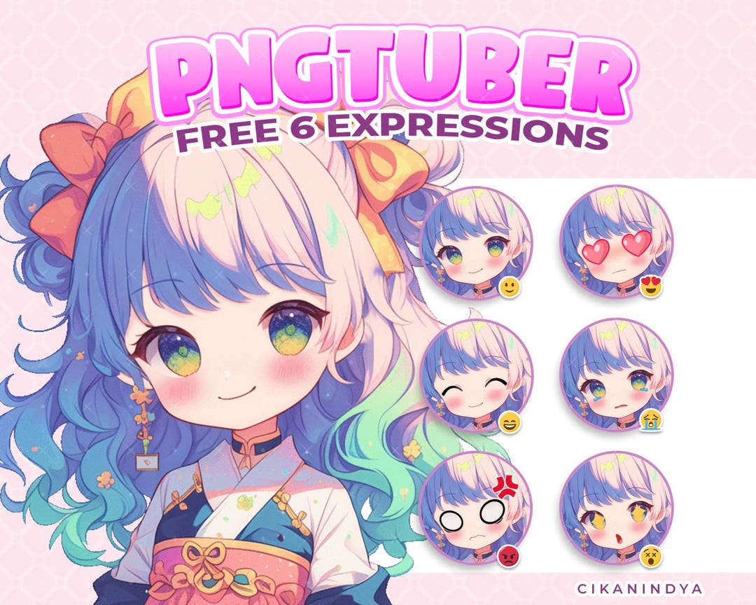 Chibi PNG Tuber Avatar in Traditional Outfit With Blue Hair | Live2d ...