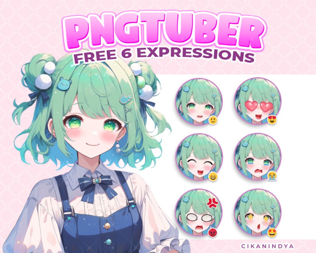 PNG Tuber | Adorable Green-haired Vtuber Avatar for Streamers | Get 6 Poses | Pngtuber ...