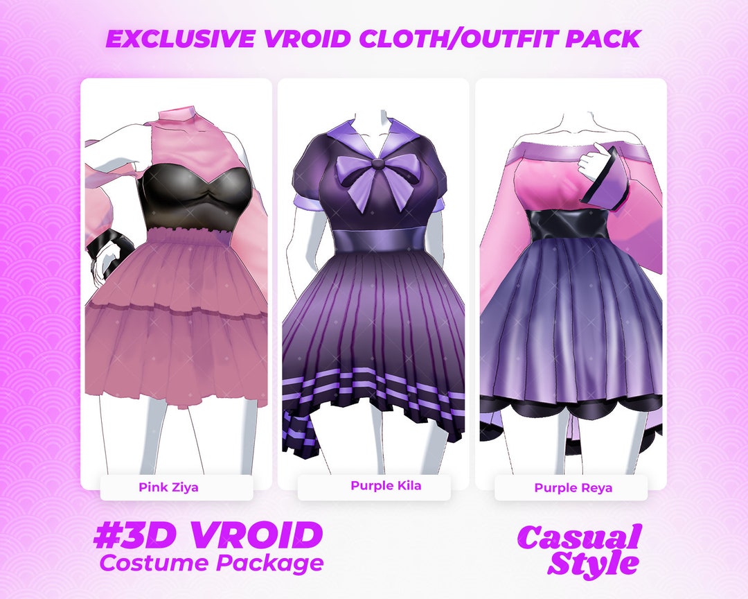Vroid Clothing Pack | Fashion-forward Outfit Pink Purple Dress for 3D ...