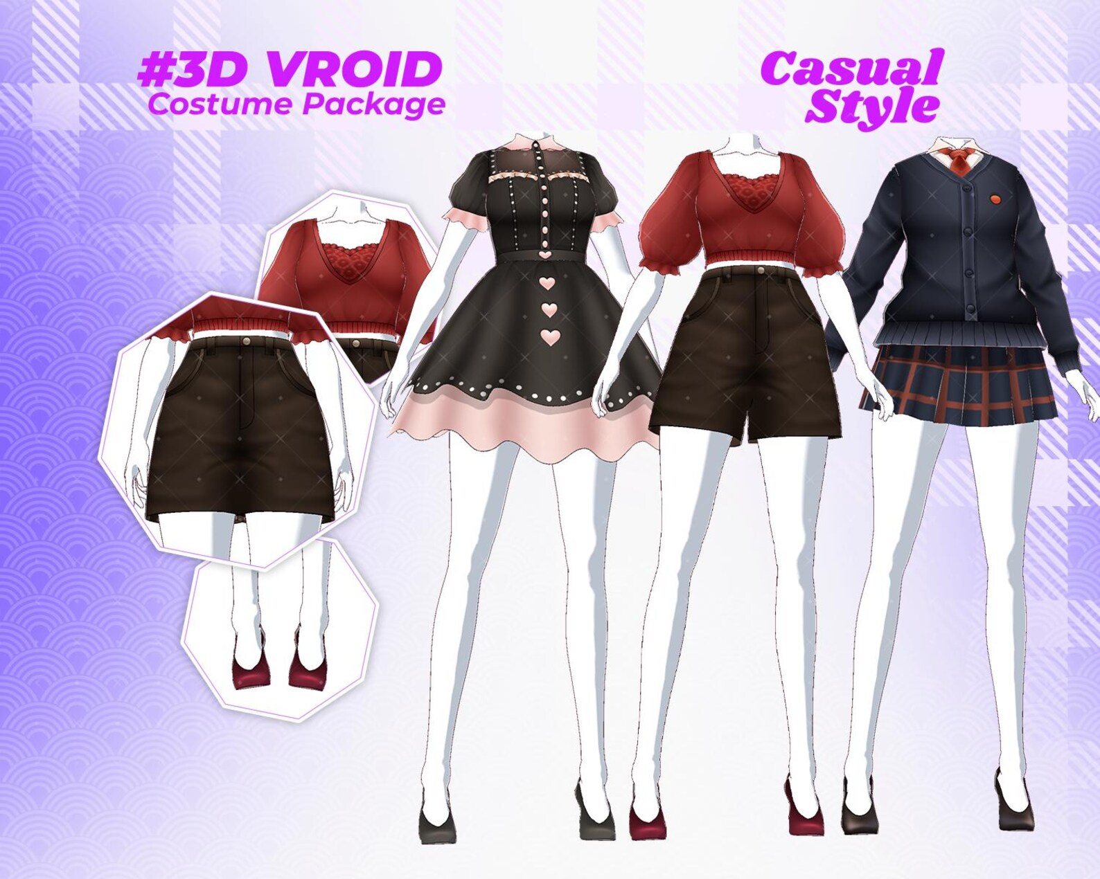 3-in-1 Vroid Outfit Pack: Maid Cafe, Cottagecore, School Uniform ...