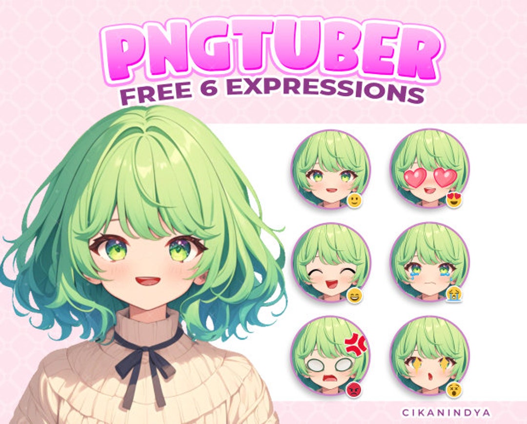 PNG Tuber | Green-haired Girl With a Calm Gaze | Get 6 Poses | Animated ...