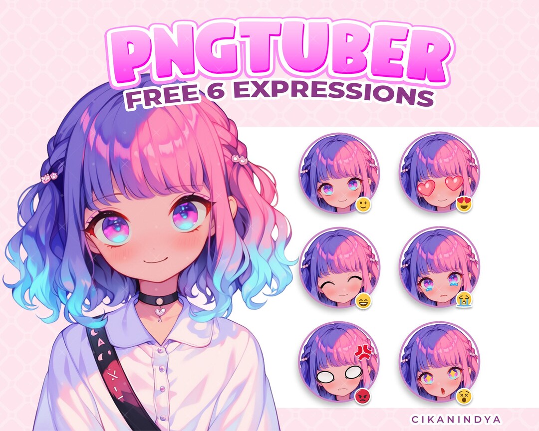 Chibi PNG Tuber Avatar: Split Pink & Blue Hair, 6 Animated Expressions ...