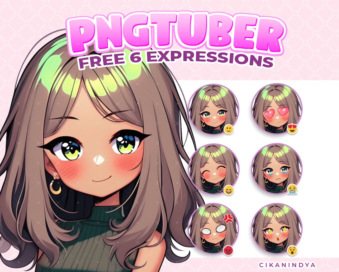 Chibi Girl PNG Tuber: Brown Hair, Green Highlights, 6 Poses - Etsy