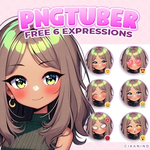 PNG Tuber | Chibi Girl With Brown Hair and Green Highlights | Get 6 ...