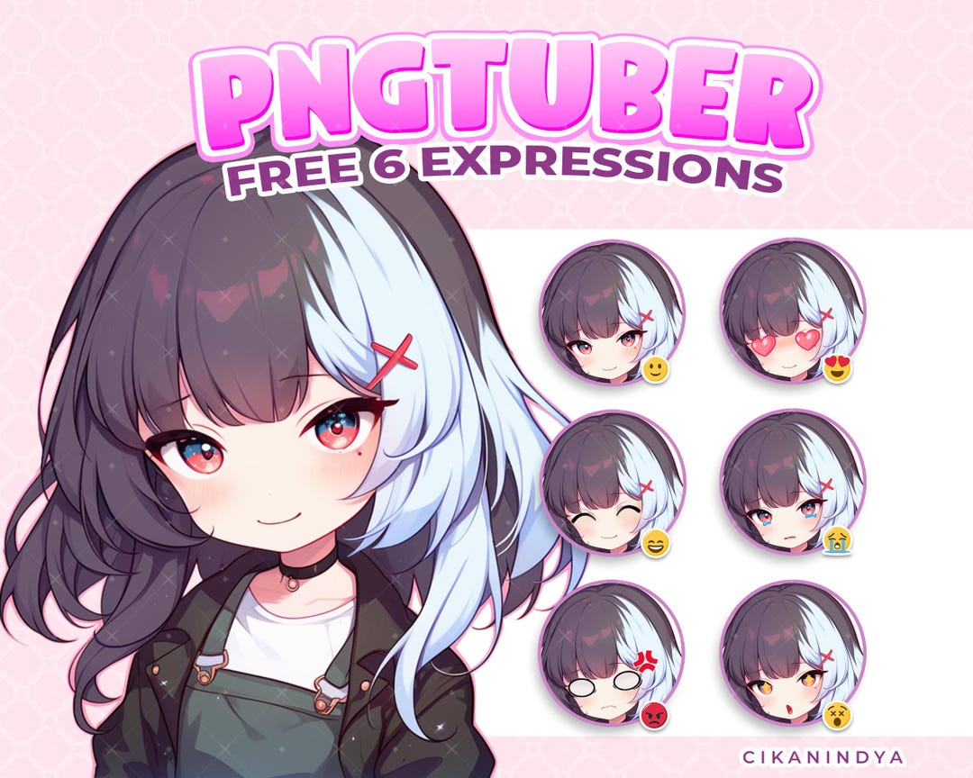 PNG Tuber | Edgy Chibi Girl With Split Hair and Red Accent Clip | Get 6 ...