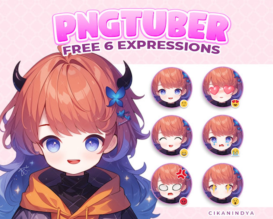 Chibi Pngtuber Girl: Anime Vtuber Avatar With Horns and Butterfly (6 ...