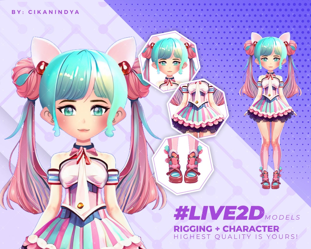 Vtuber Model | Blue & Pink Hair Vtuber Girl Live2d | 7 Unique ...