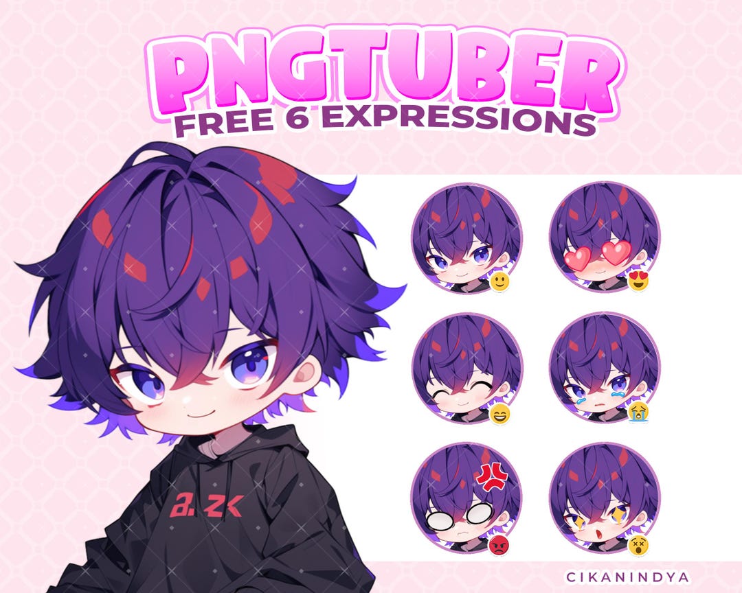 Premade Pngtuber Model – Cool Chibi Boy With Dark Purple & Red ...