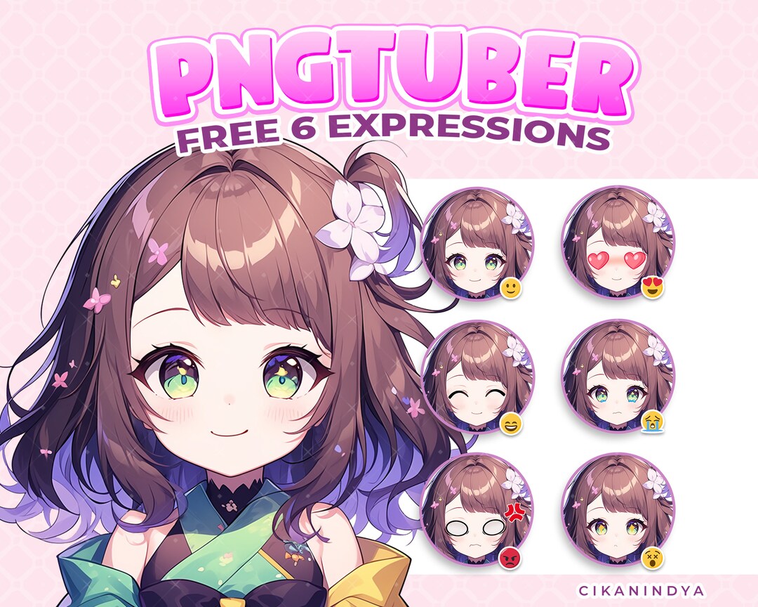 PNG Tuber | Cheerful Girl With Brown Hair and Purple Flower Accessor ...