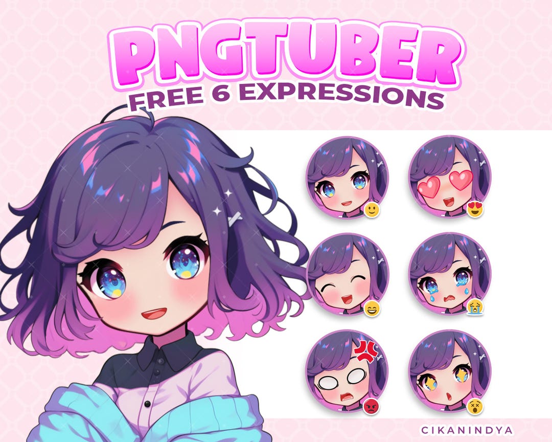 Purple Ombre Hair Chibi PNG Tuber: 6 Animated Expressions - Etsy