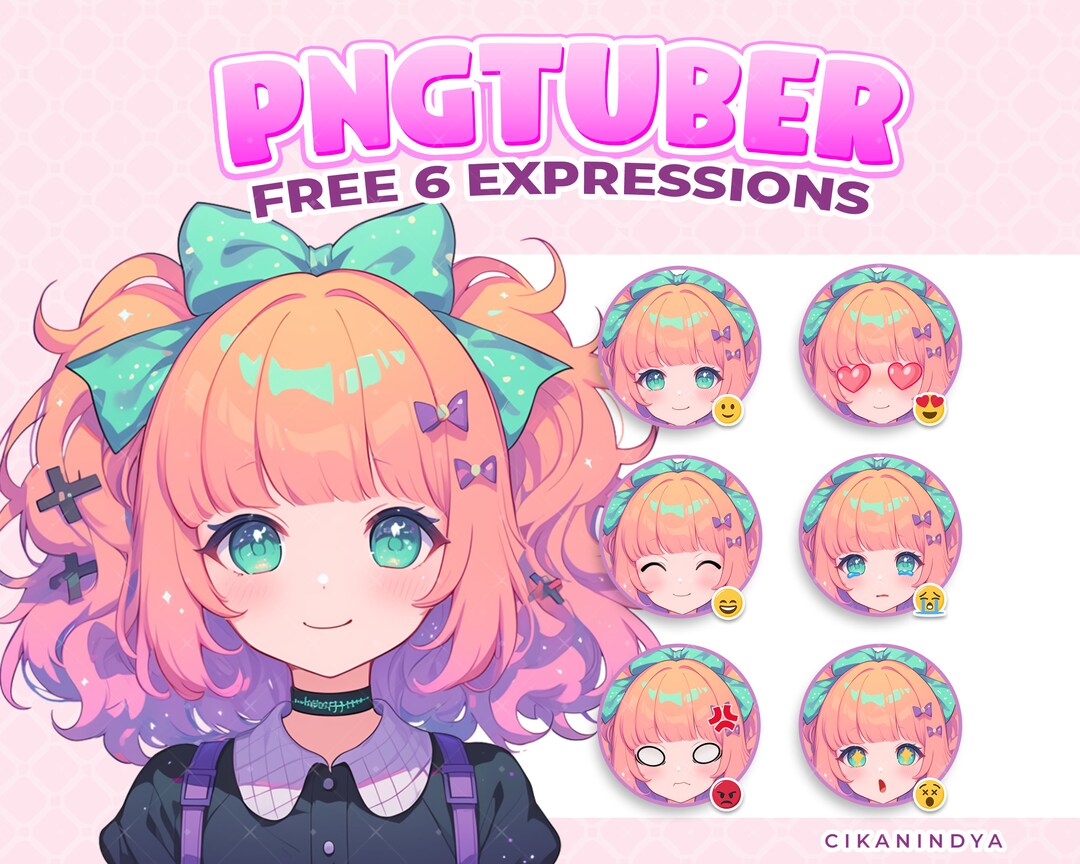 PNG Tuber | Cute Girl With Colorful Hair and Bow Accents | Get 6 Poses ...