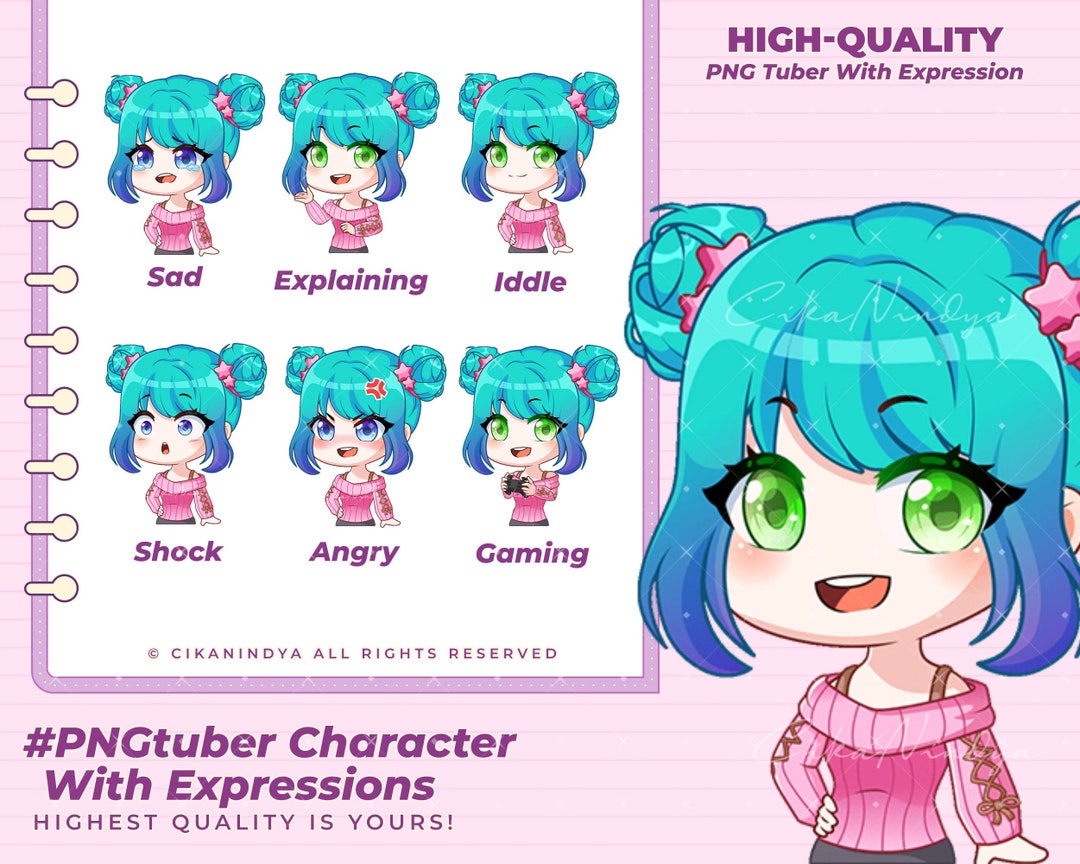 Chibi Girl PNG Tuber Avatar: Braided Blue Hair, 6 Poses - Etsy
