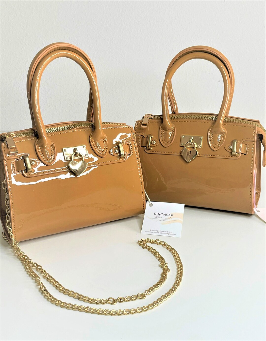 Camel Vegan Purse With Gold Heart and Details, Top Handle Light Brown ...