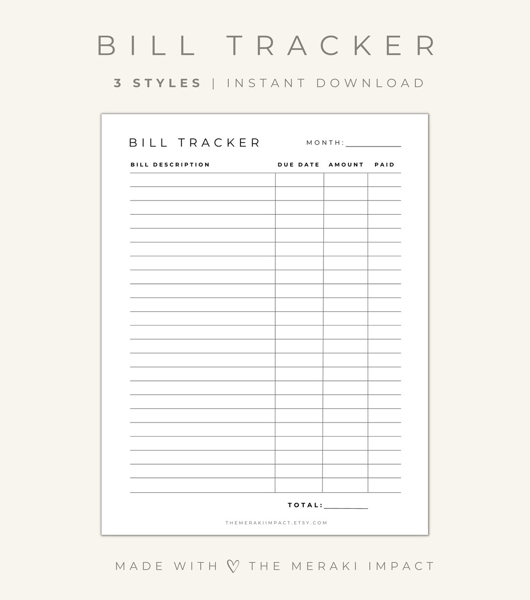 Monthly Bill Tracker Monthly Bill Log Bill Planner Bill - Etsy