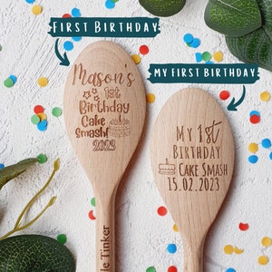 Personalised First Birthday Cake Smash Spoon: Engraved Beech Wood ...