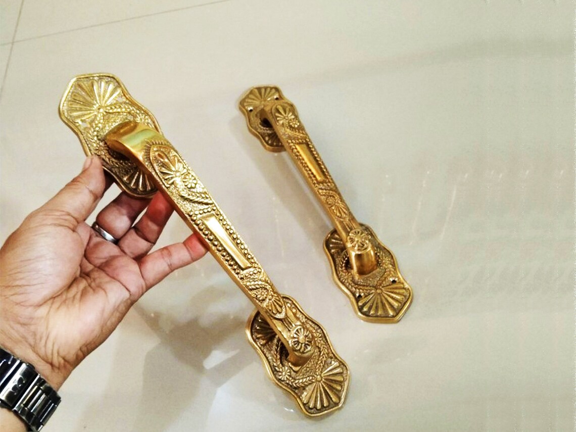 12" Brass Pull Handle Backplate Classic, Entry Door Tool, French Door ...