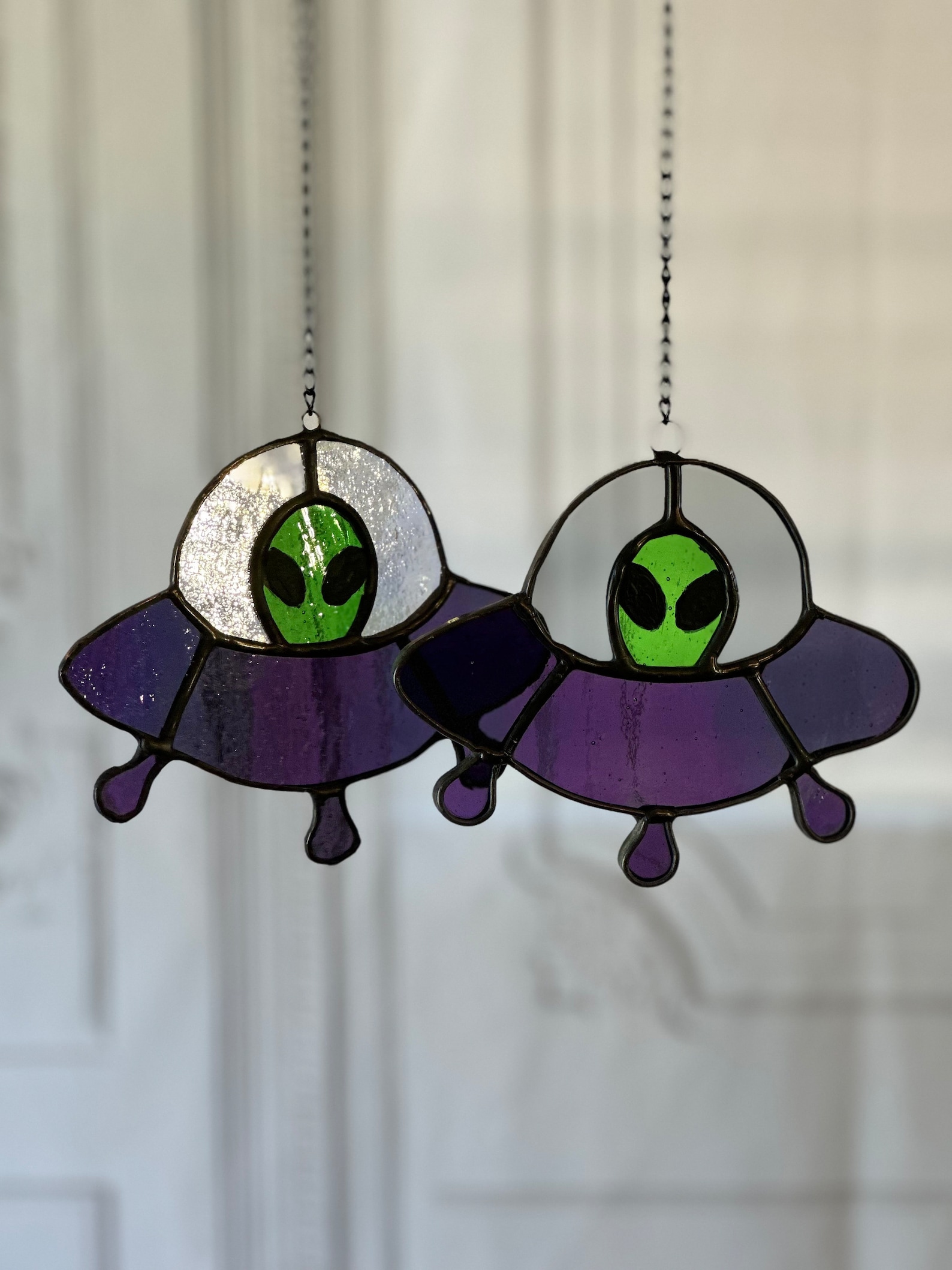 Alien Suncatcher, Stained Glass Alien in a UFO, Black Patina Finished ...