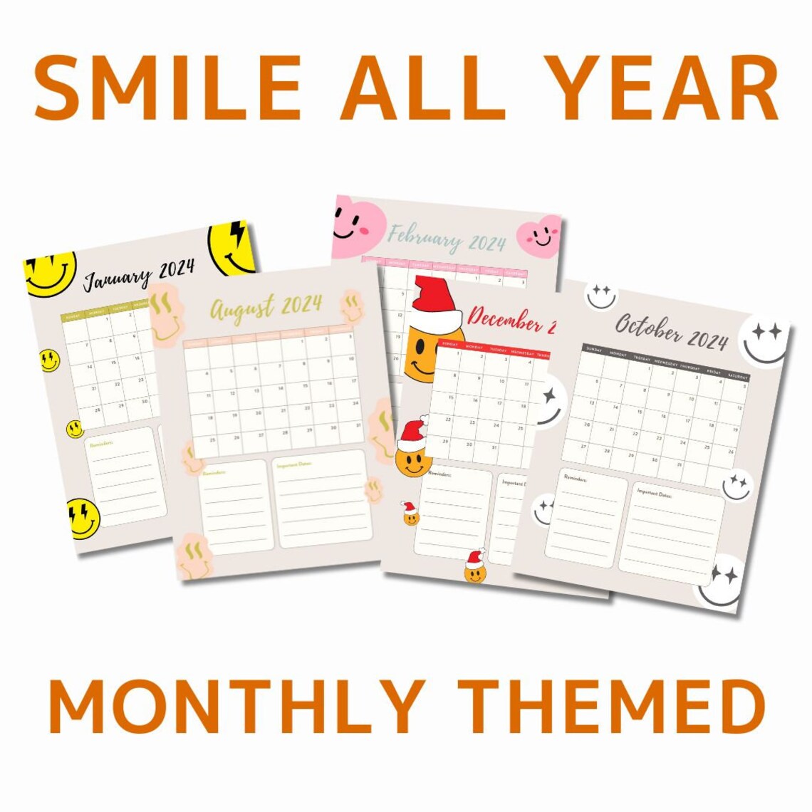 2024 90's Smiley Face Inspired Calendar Printable Plan for the Year - Etsy