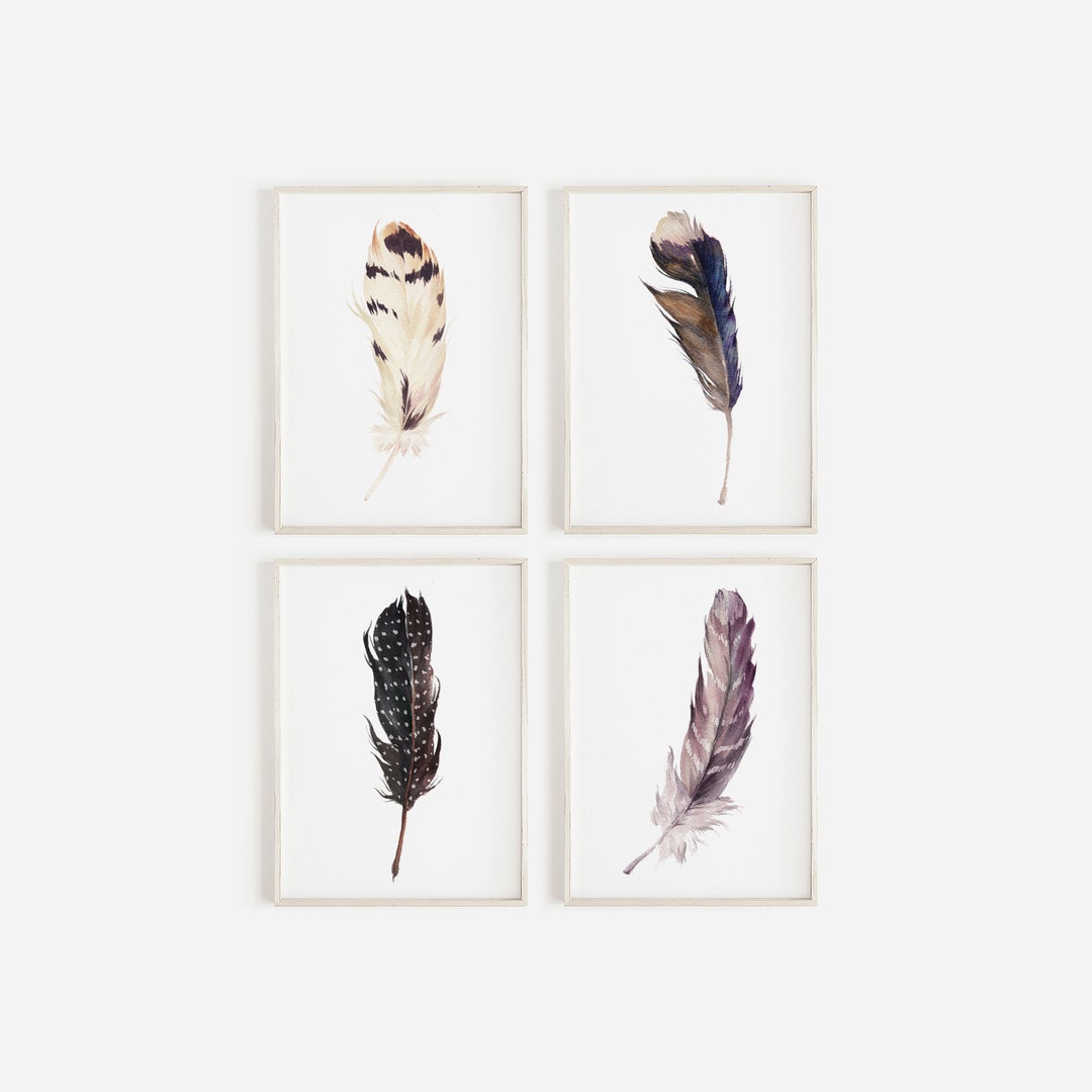 Printable Set of 4 Feather Prints, Floral Wall Art, Digital Print ...