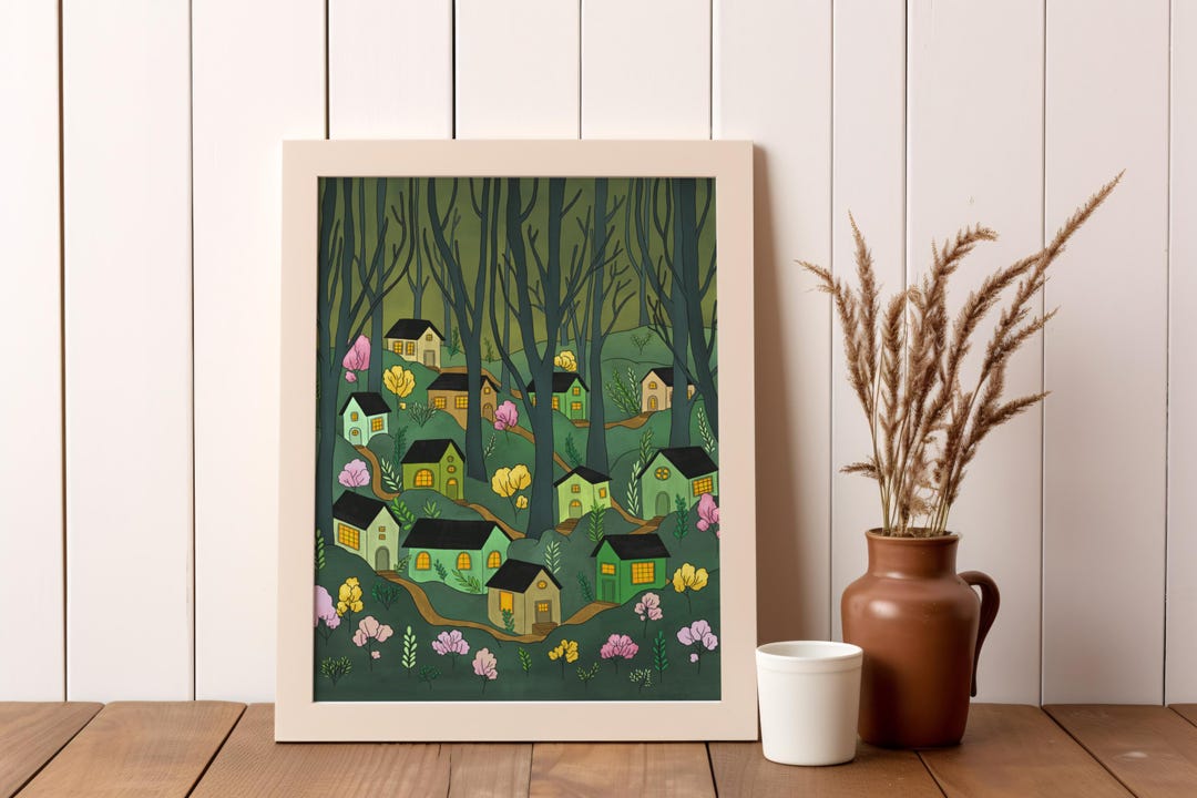Forest Village Art Print, Whimsical Woodland Houses, Manta's Corner ...