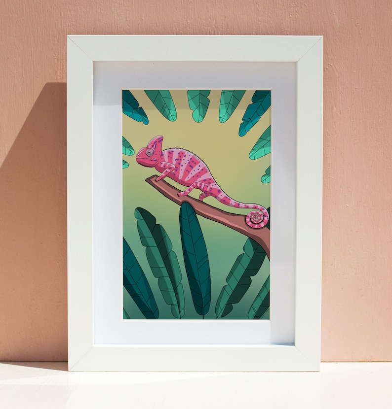 Pink Chameleon Art Print, Whimsical Reptile Wall Decor, Botanical ...