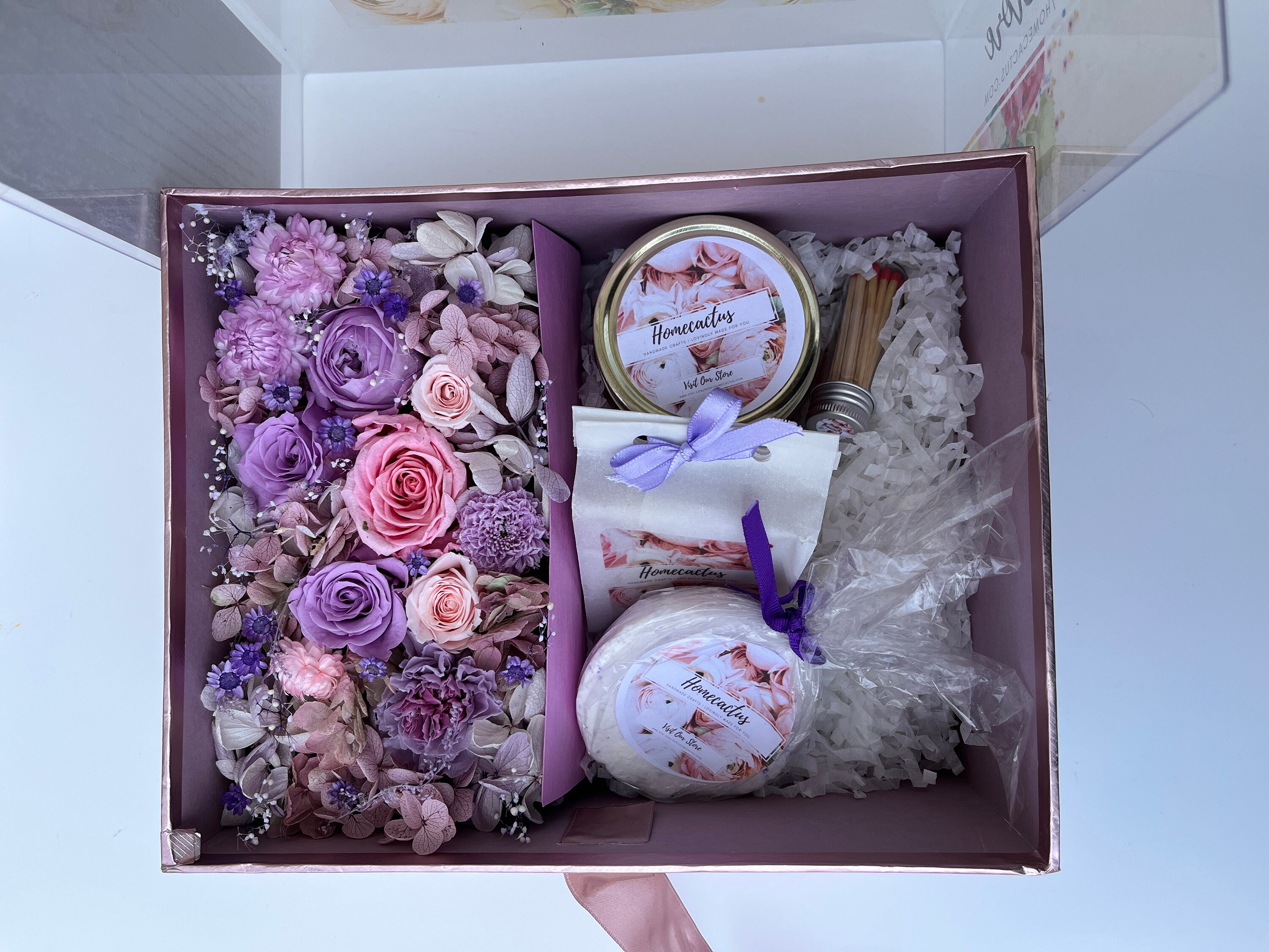 LARGE PRESERVED FLOWER Purple Spa Box With Soy Candle, Rose Shower ...