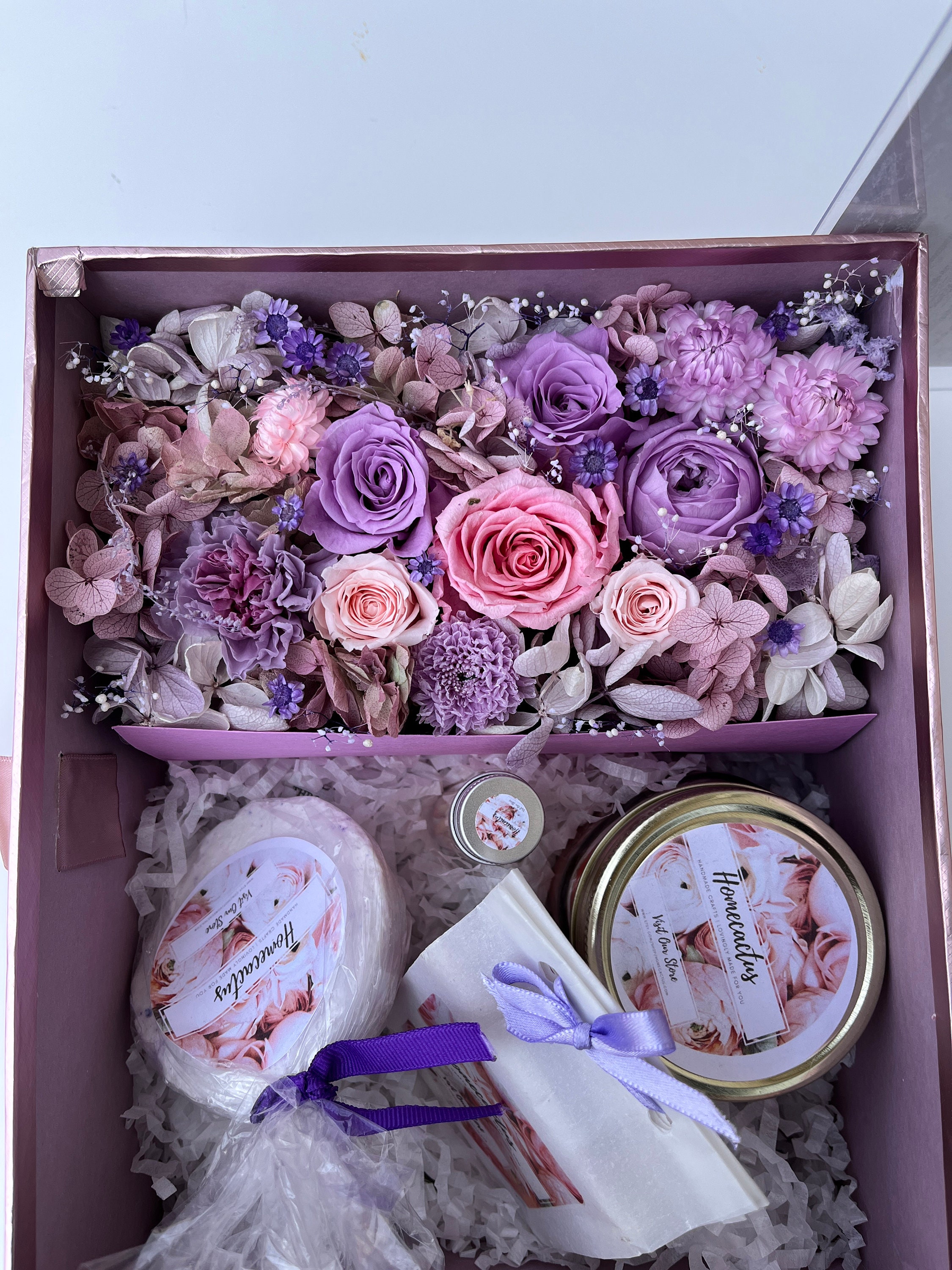 LARGE PRESERVED FLOWER Purple Spa Box With Soy Candle, Rose Shower ...