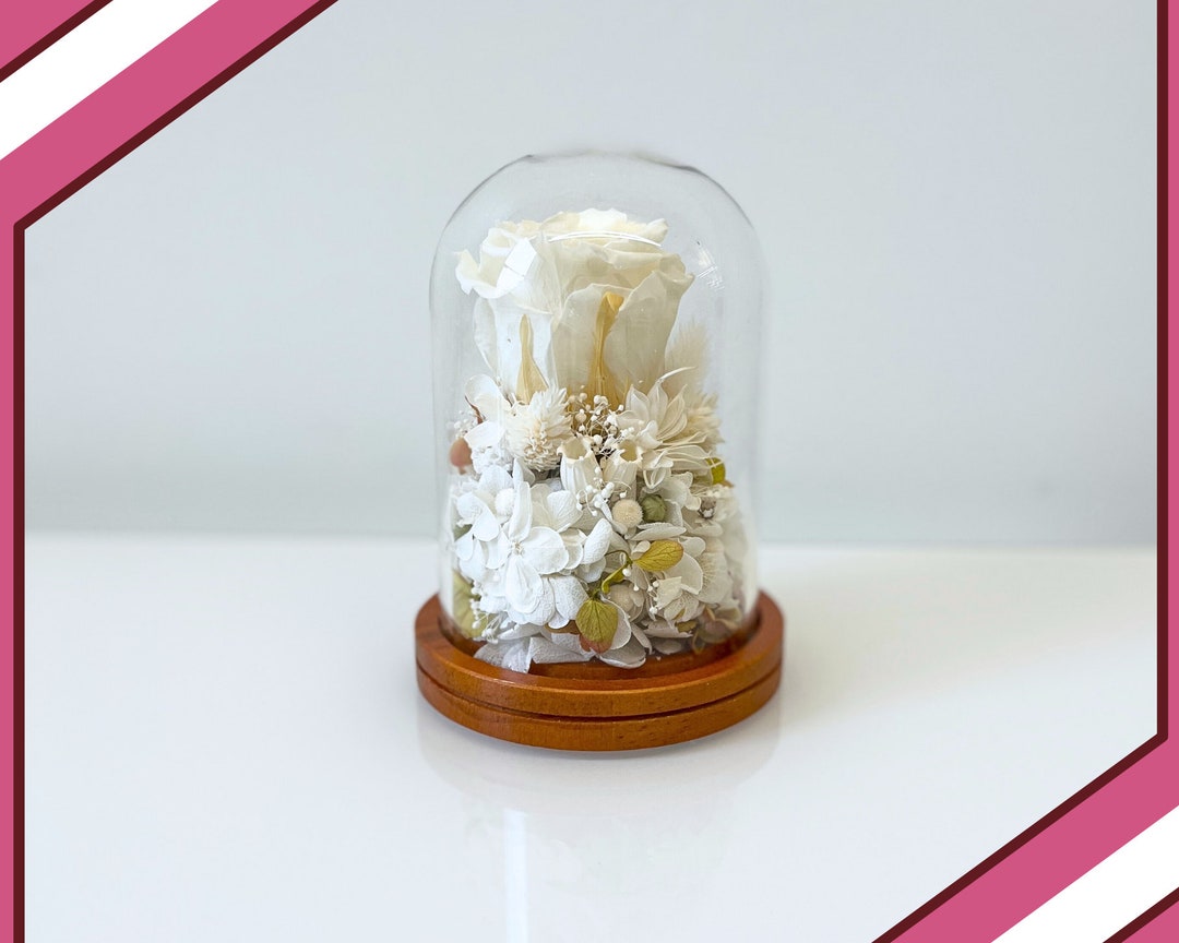 Angelic White JAPANESE PRESERVED ROSES With Hydrangea in a Glass Dome ...