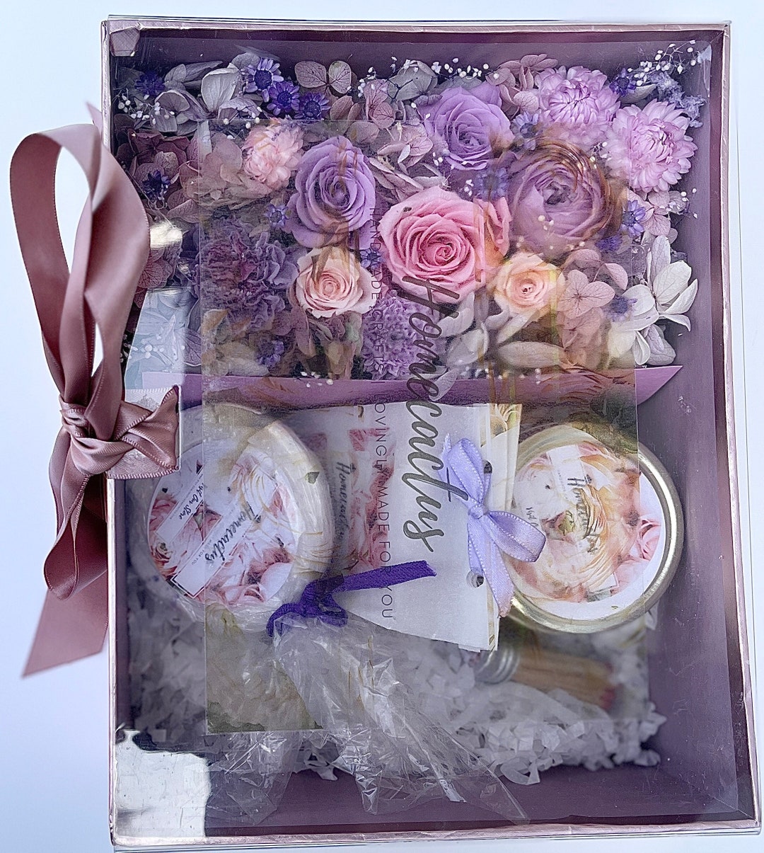 LARGE PRESERVED FLOWER Purple Spa Box With Soy Candle, Rose Shower ...