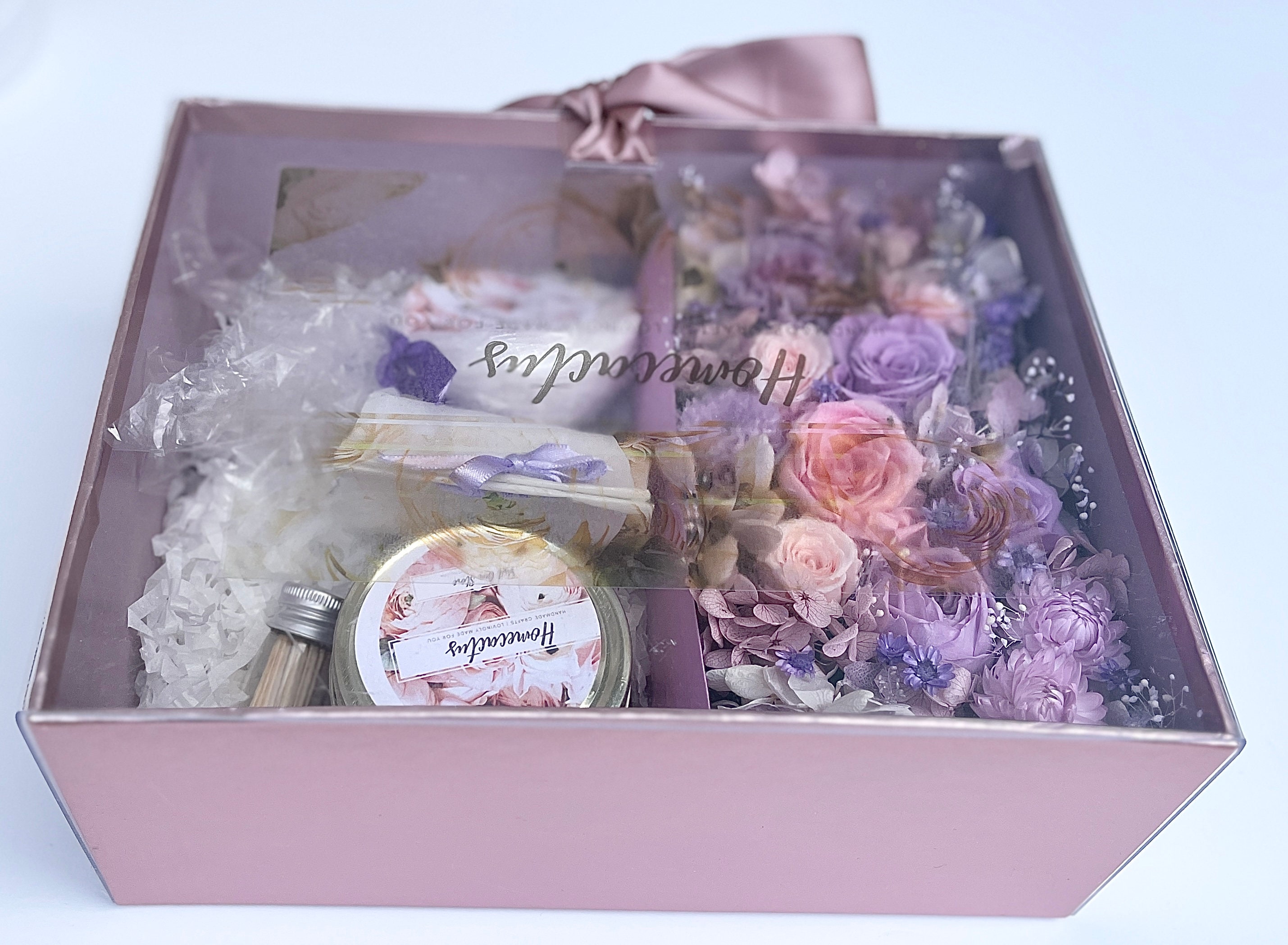 LARGE PRESERVED FLOWER Purple Spa Box With Soy Candle, Rose Shower ...