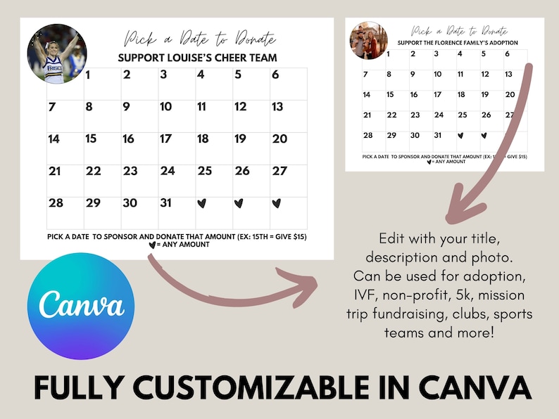 Fundraiser Calendar Tool Template for Canva Customizable | Editable ...