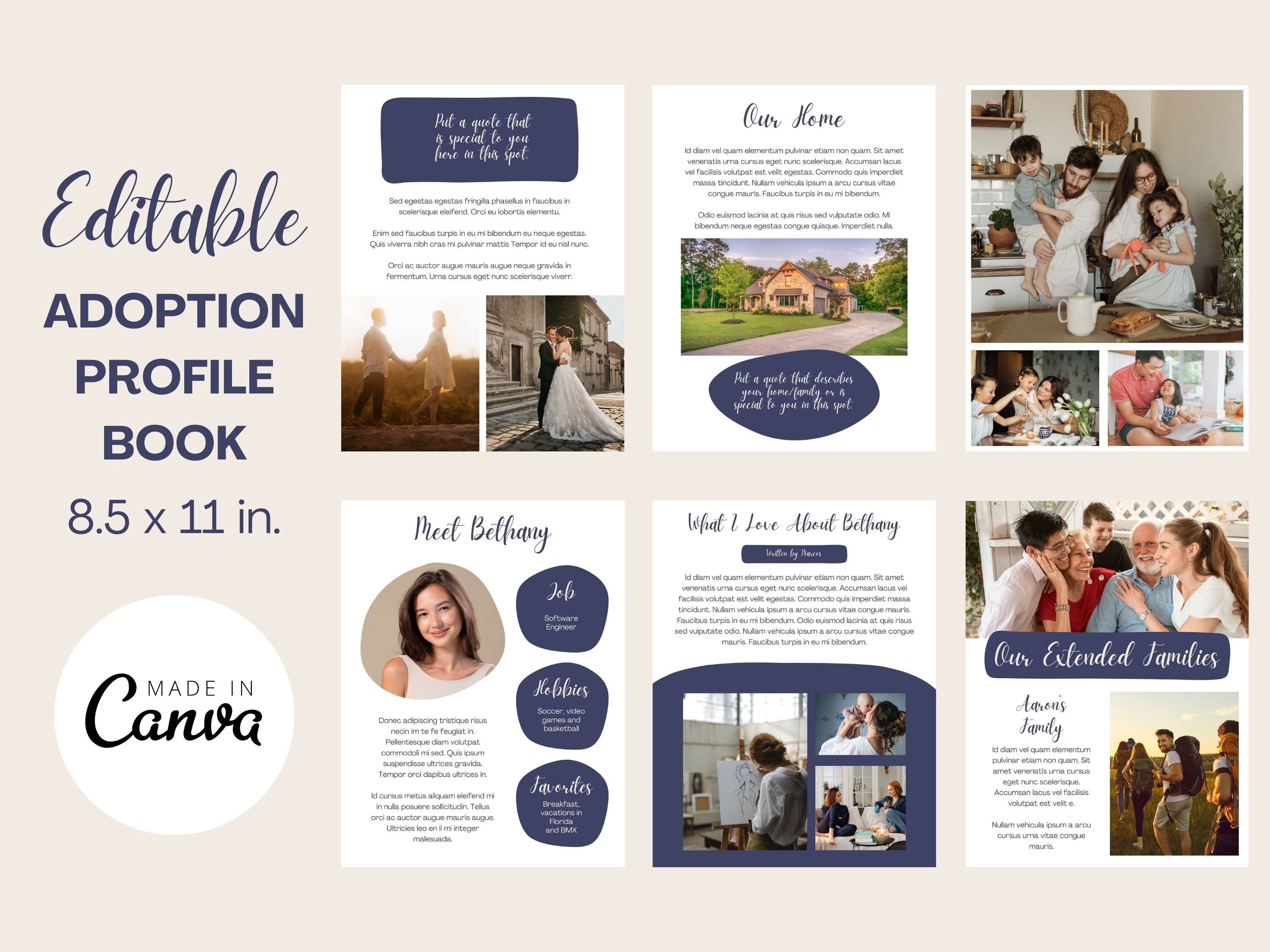 Adoption Profile Book Template for Canva | Editable | Contemporary Navy ...