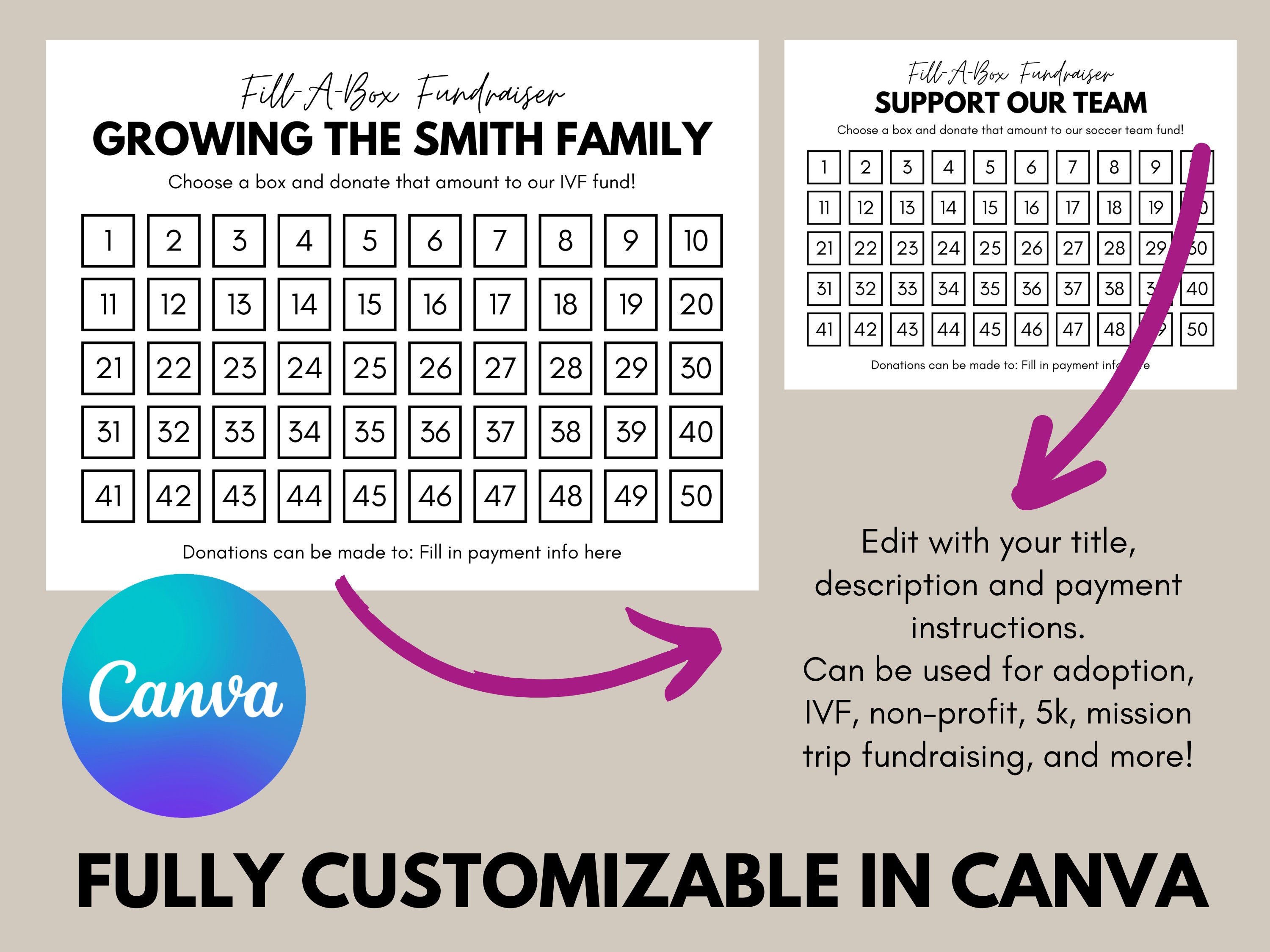 CUSTOMIZABLE Fill-a-box Fundraiser Tool Template for Canva | Editable ...