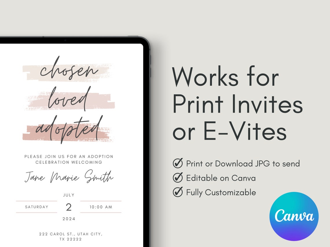 Adoption Celebration Invite | Editable Chosen Loved Adopted Adoption ...