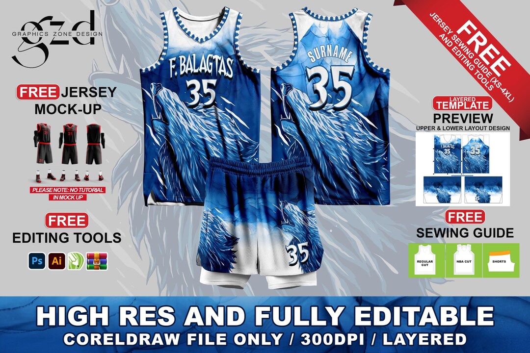 Blue Wolf Basketball Jersey Design Template - Editable Coreldraw File ...