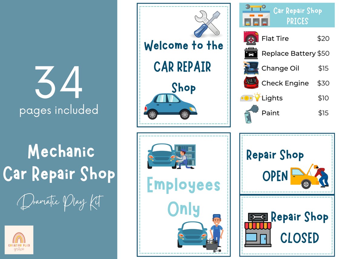Mechanic Car Repair Shop Dramatic Play, Pretend Play, Play Kit ...