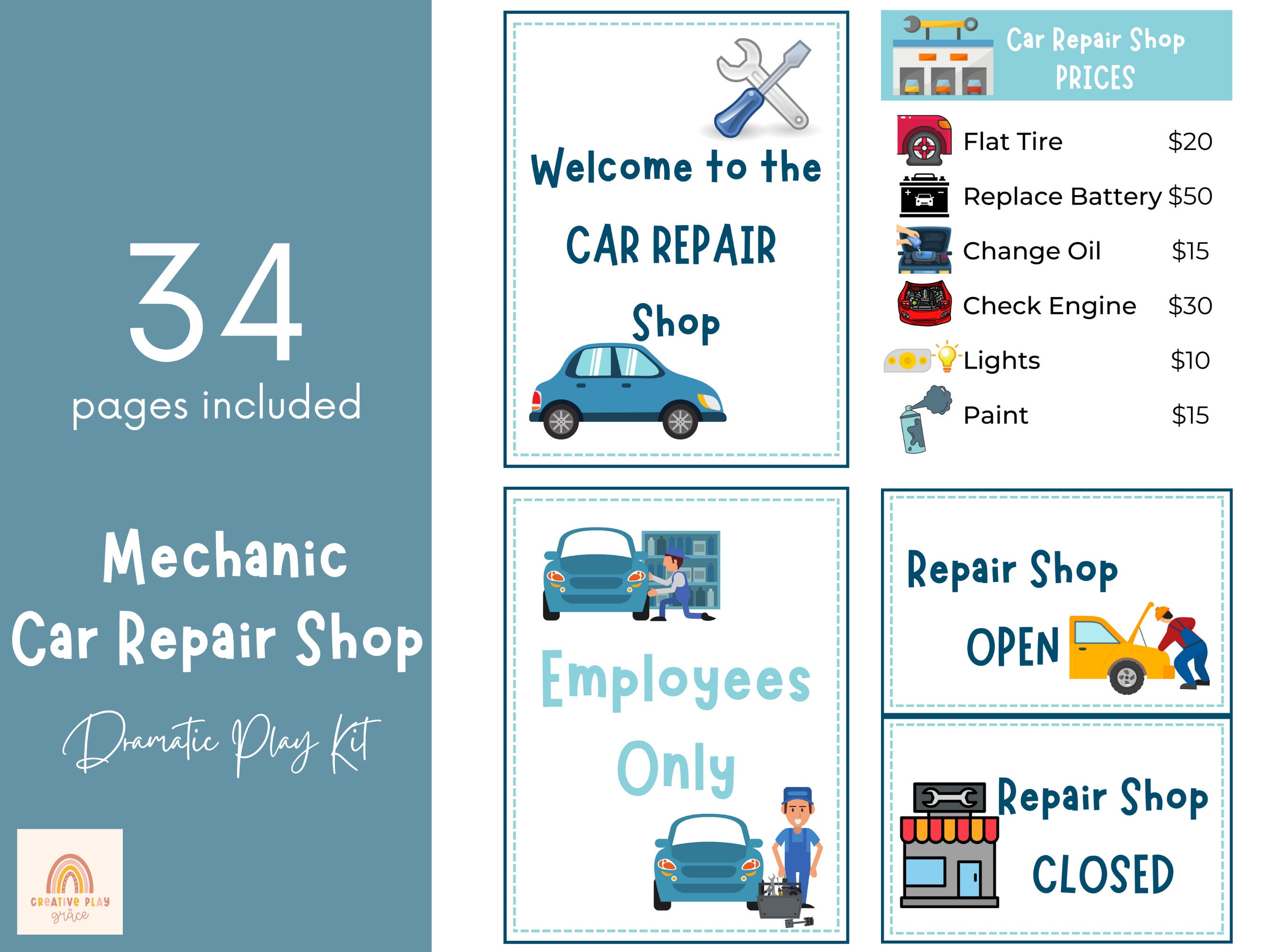 Mechanic Car Repair Shop Dramatic Play, Pretend Play, Play Kit ...