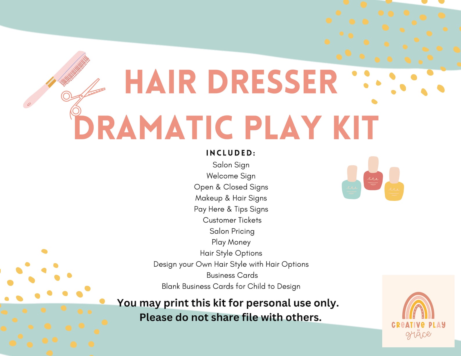 Hair & Nail Salon Dramatic Play, Pretend Play, Play Kit, Classroom ...