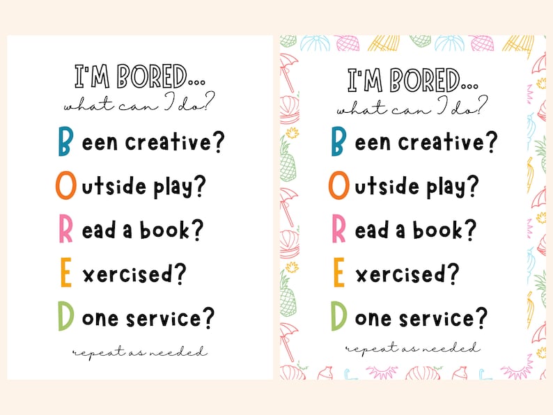 Printable Summer Boredom Busters Chart, I'm Bored Ideas, Bored Poster ...