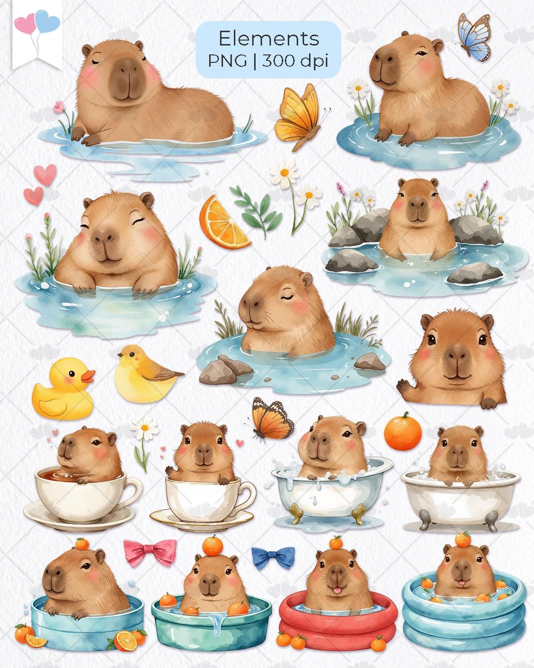 Capybara Clipart Pack, Digital Watercolor Illustration, Party Supplies ...