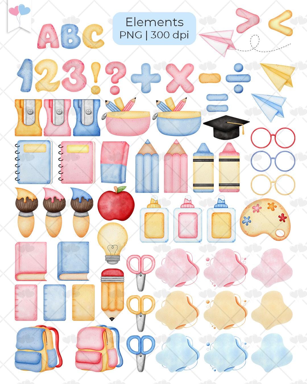 Back to School Clipart Pack, Digital Watercolor Illustration, Party ...