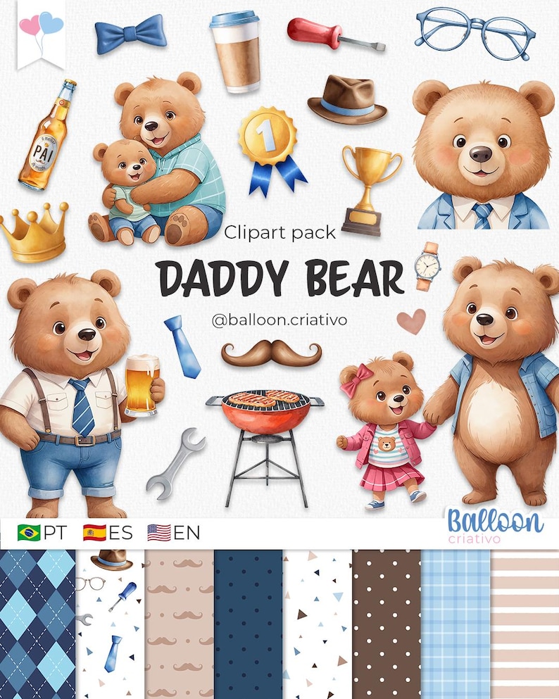 Daddy Bear Clipart Pack, Father's Day, Digital Watercolor Illustration ...